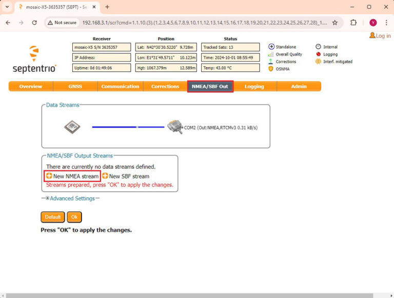 How to configure Septentrio Mosaic-X5 and Mosaic-H - ArduSimple
